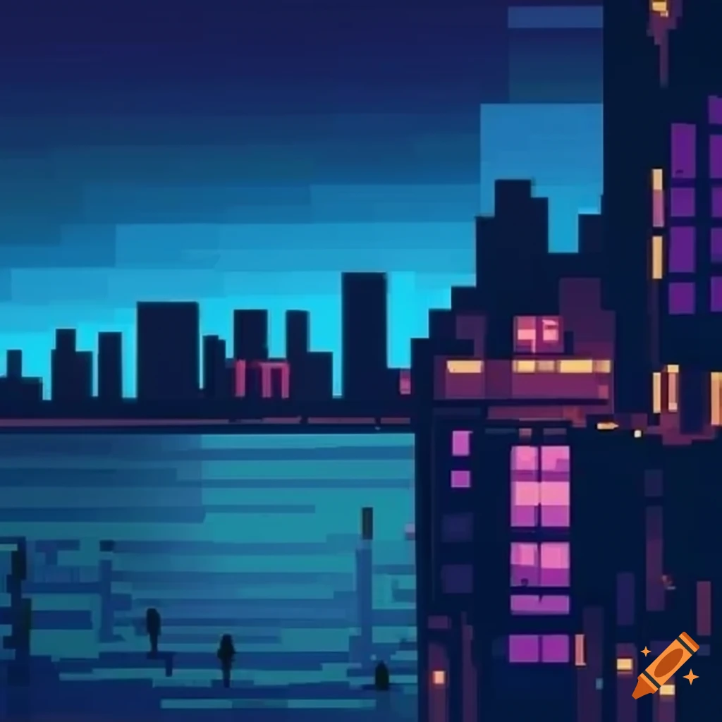 Pixel art cityscape at night on Craiyon