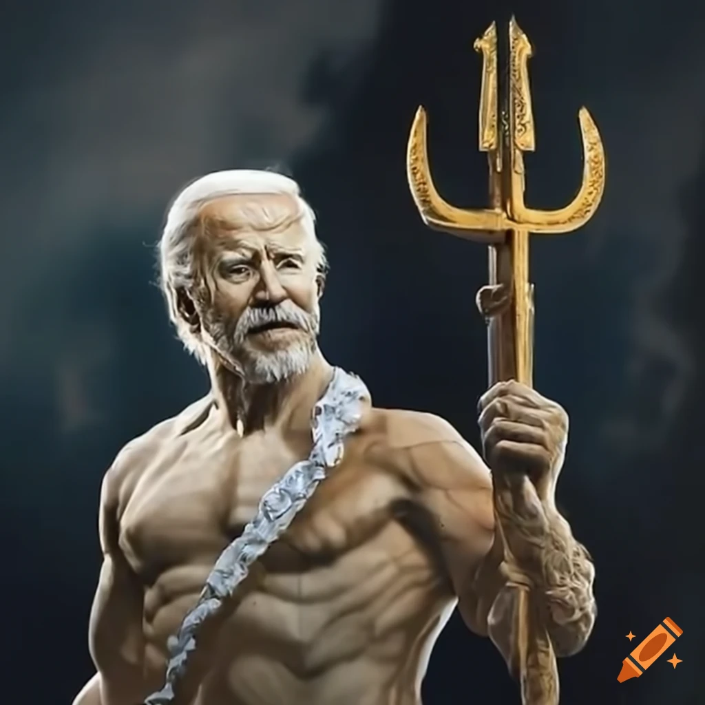 Joe Biden as Poseidon holding trident in Greek mythology depiction on ...