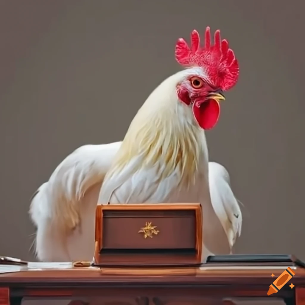 Cute white rooster lawyer with a cat client in a classic office setting ...