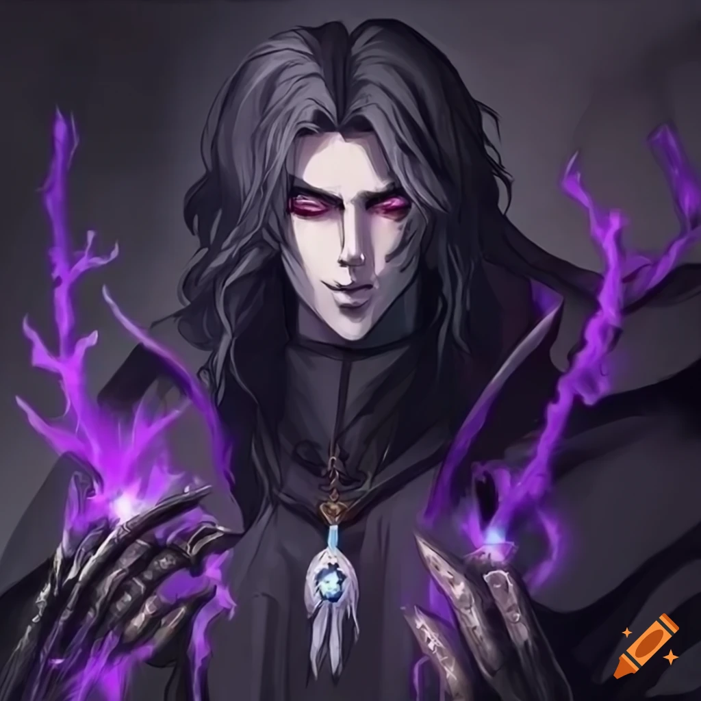 Gothic necromancer man with long black hair and purple glowing eyes ...