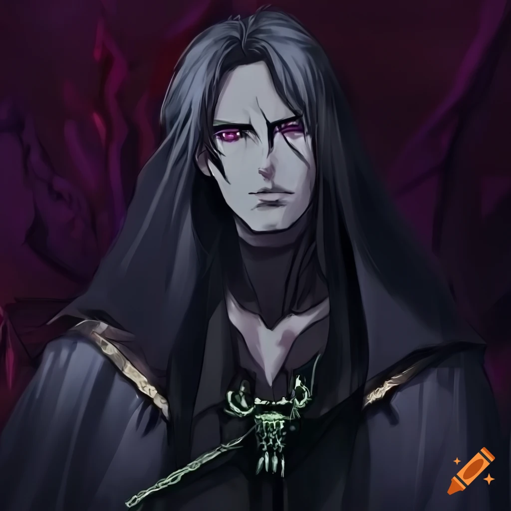 Gothic necromancer man with purple glowing eyes and long black cloak on ...