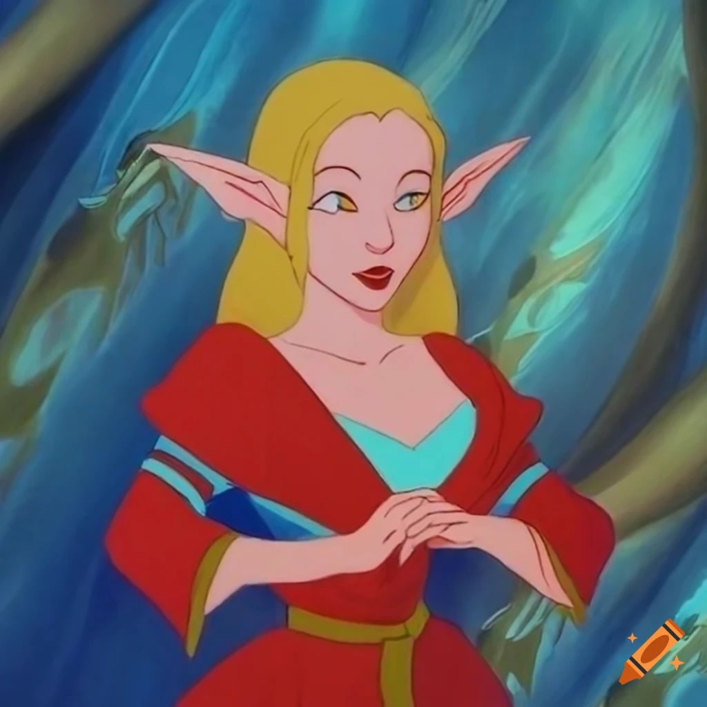 Close-up portrait of a female elf wizard in red robes with magical blue ...