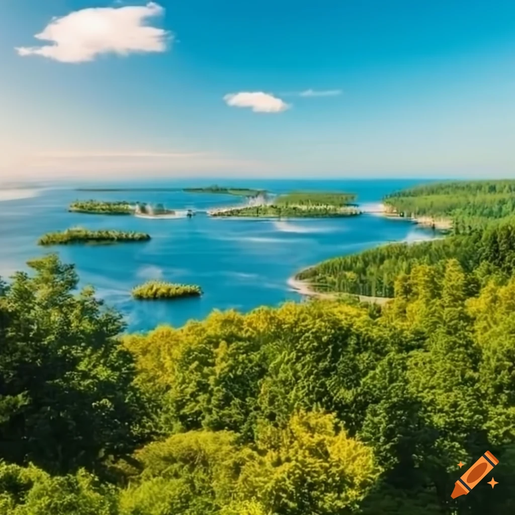 View from a forest to a small, semi-circular town by the sea on Craiyon