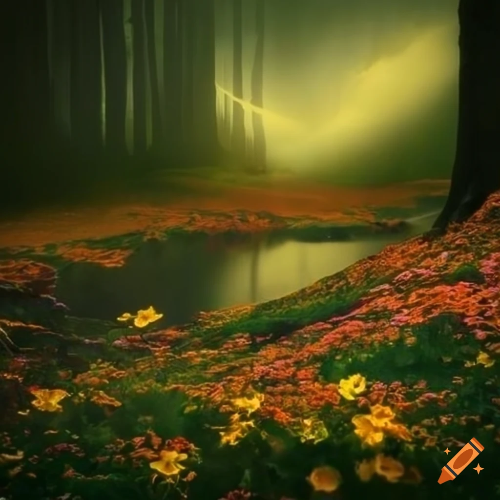 Flower-filled eerie landscape on Craiyon