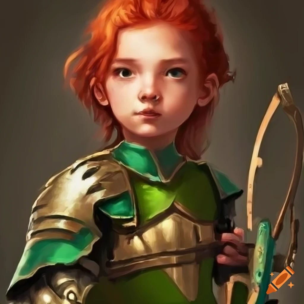 Child heroine in green armor with a crossbow and red ponytail on Craiyon