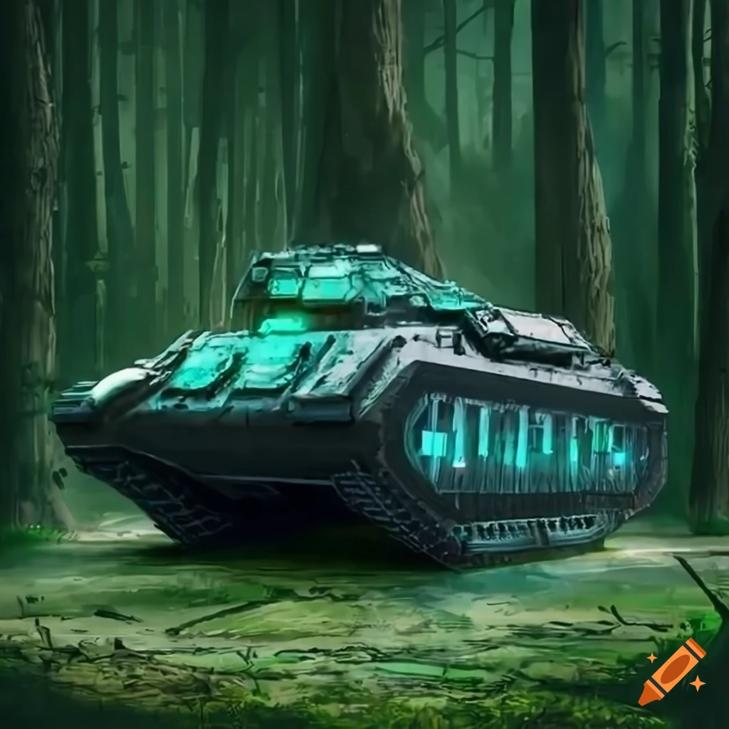 Cyberpunk tank in a forest setting on Craiyon