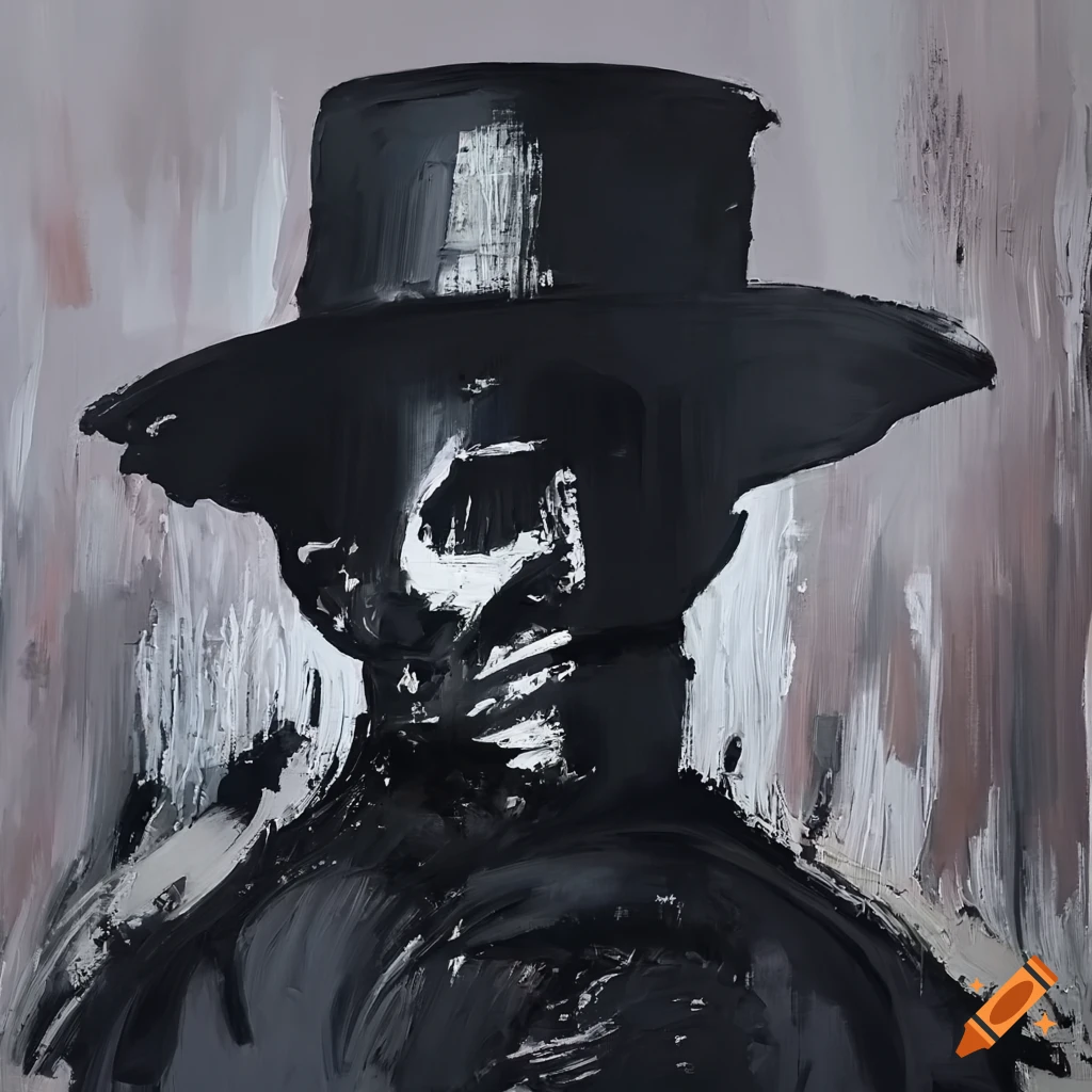 Abstract painting of jack the ripper in black, white, and gray with a ...
