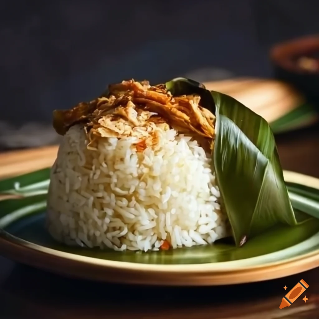 Filipino dish: steamed rice in banana leaves topped with curry-flavored ...