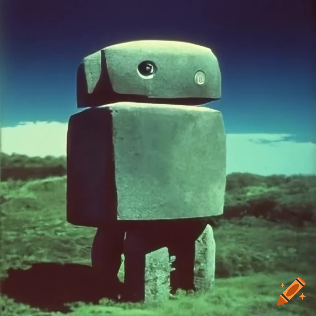 Archival footage of ancient stone robot megaliths from 1970s TV series ...