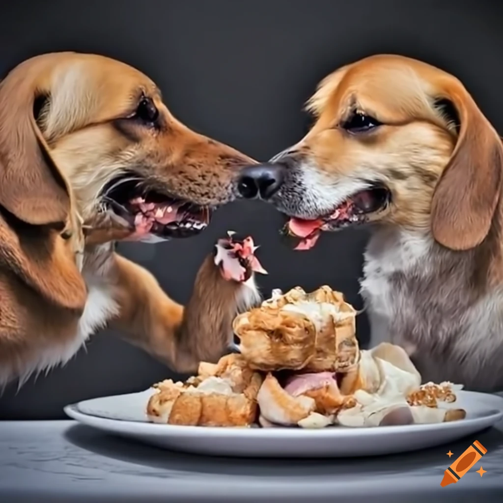 Four dogs eating at a set table on Craiyon