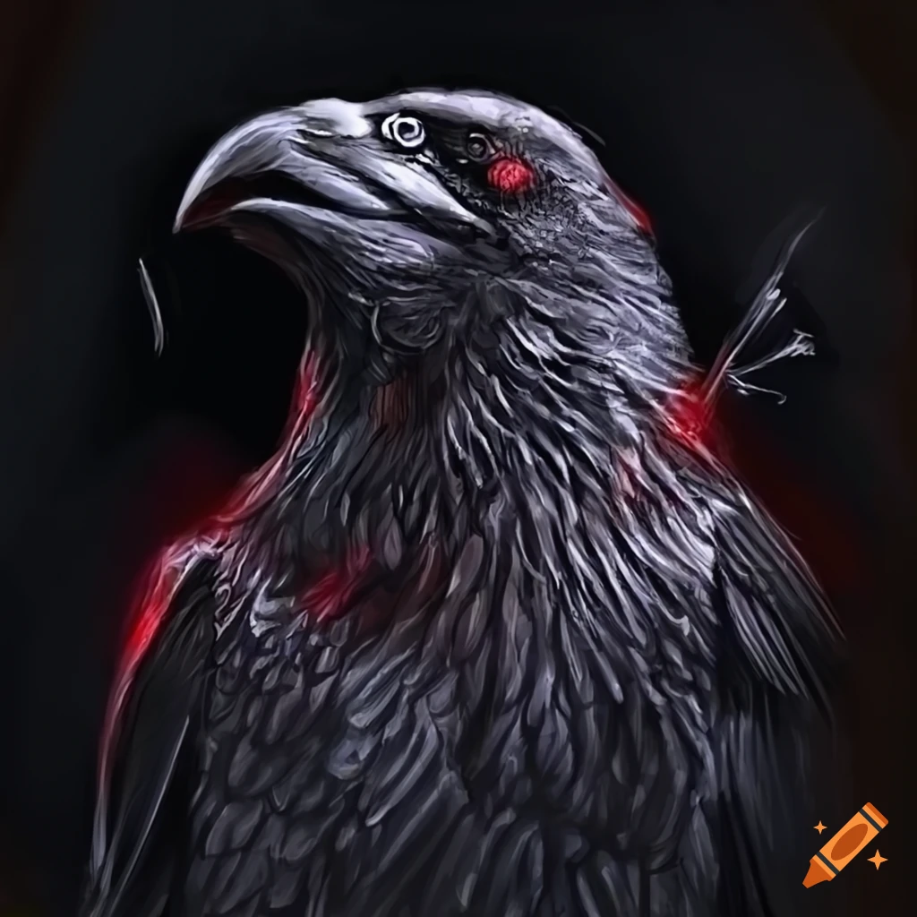 Menacing raven with glowing red eyes on a tree branch on Craiyon