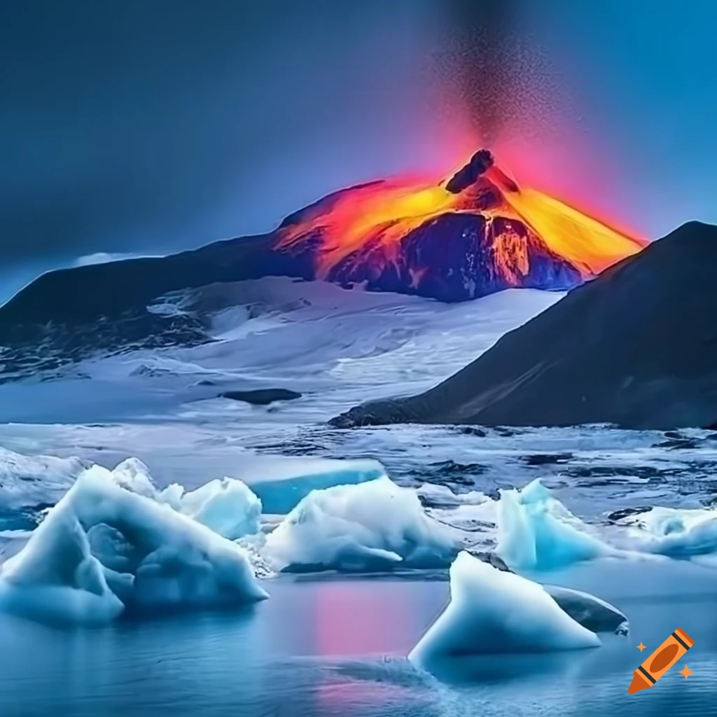 Ice-covered earth with glaciers and active volcanoes on Craiyon