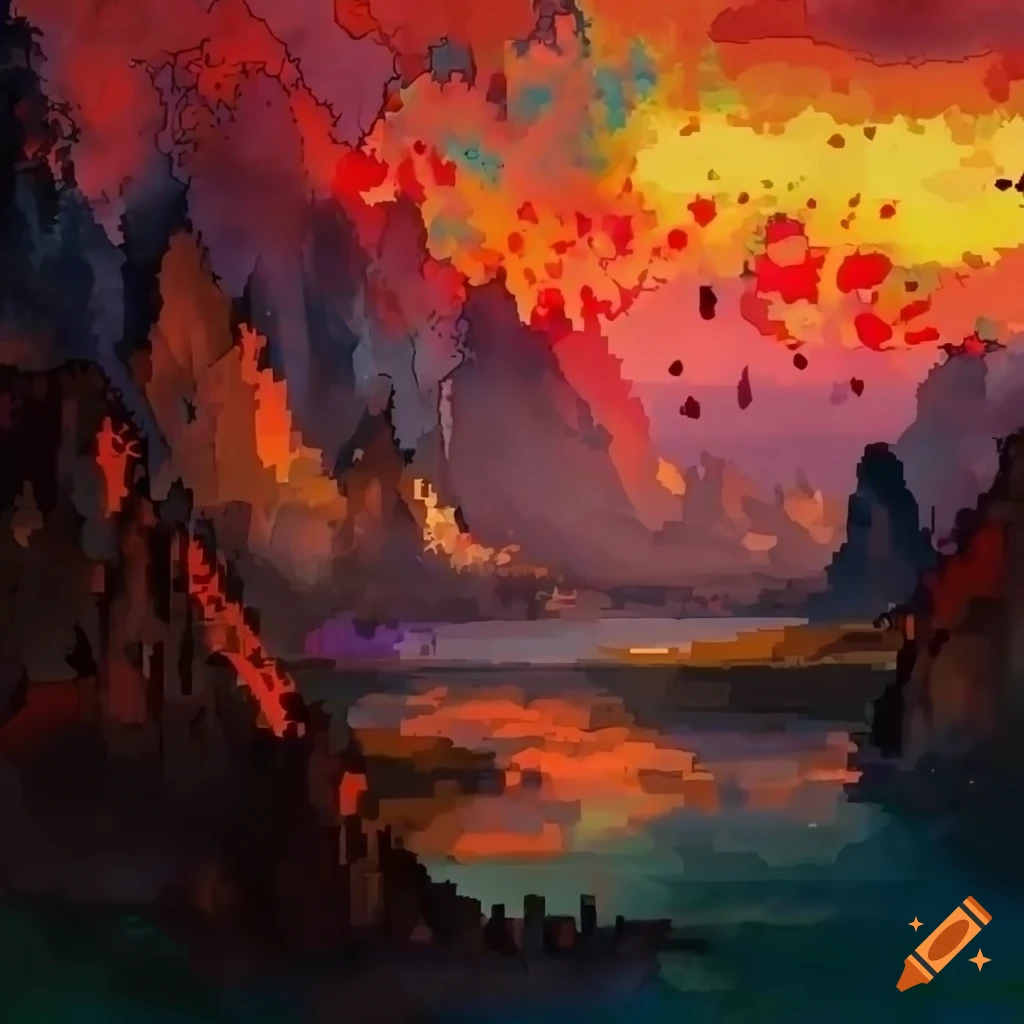 Pixel art watercolor painting of a colorful paradise in a neoclassical ...