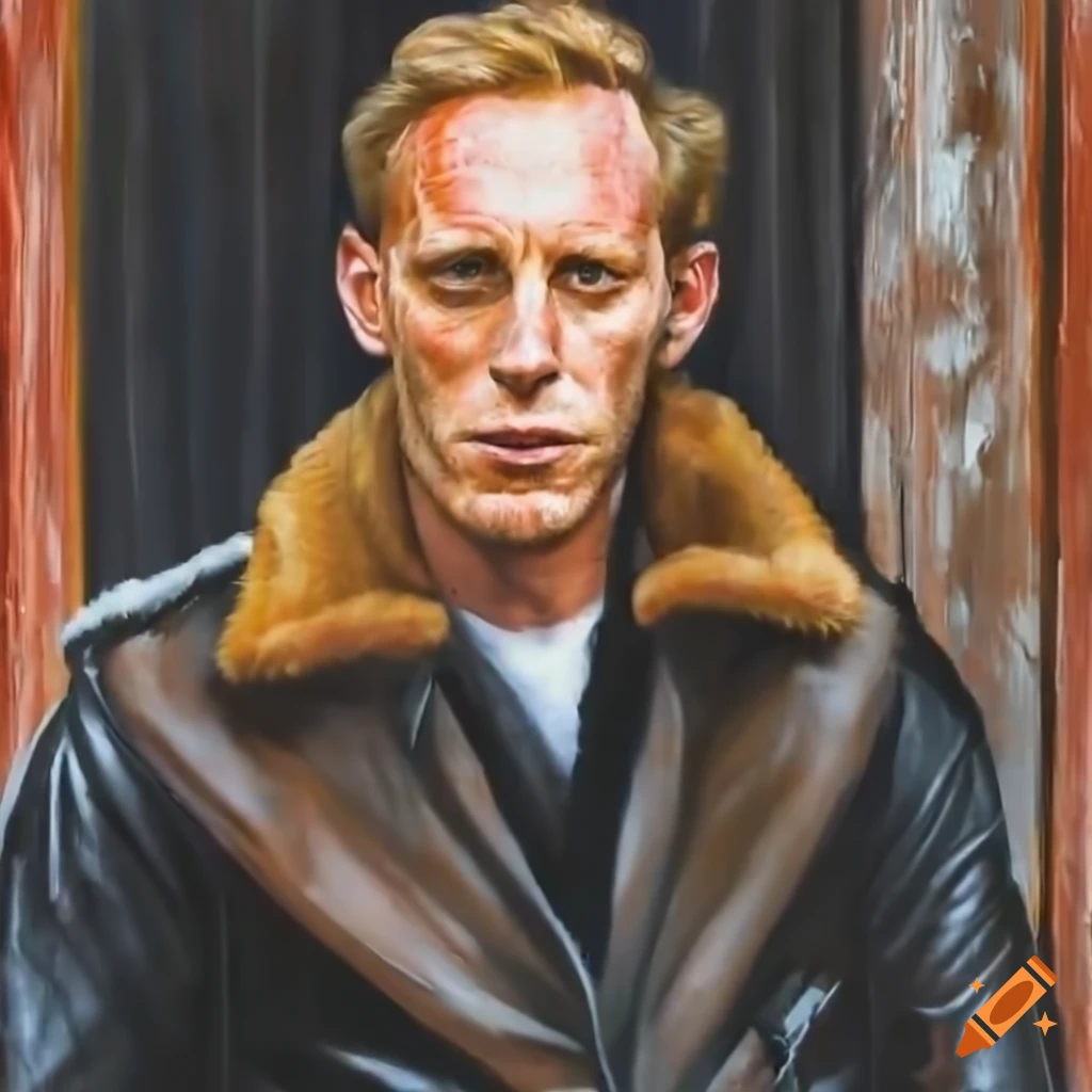 British actor look-alike in sheepskin bomber jacket and black leather ...