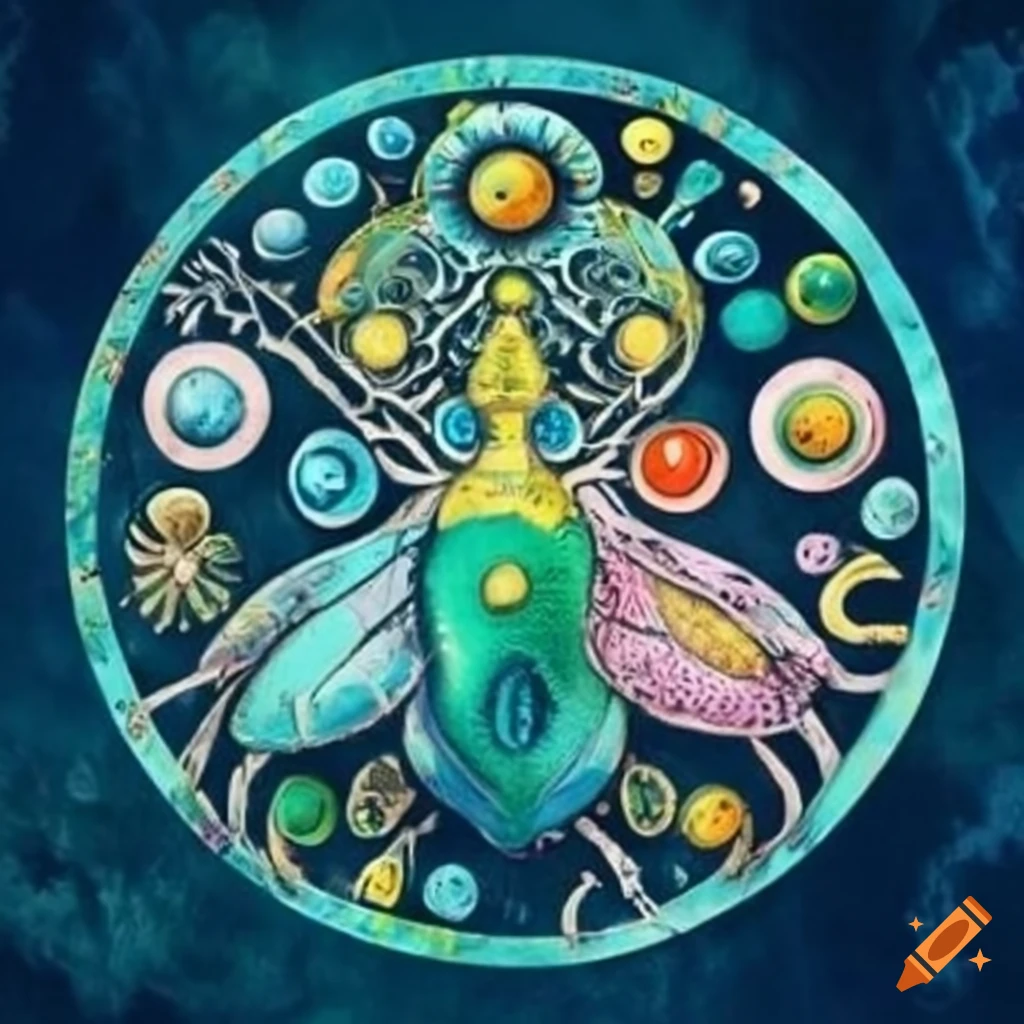 Abstract tapestry of insects, birds, and marine alien motifs by artist ...