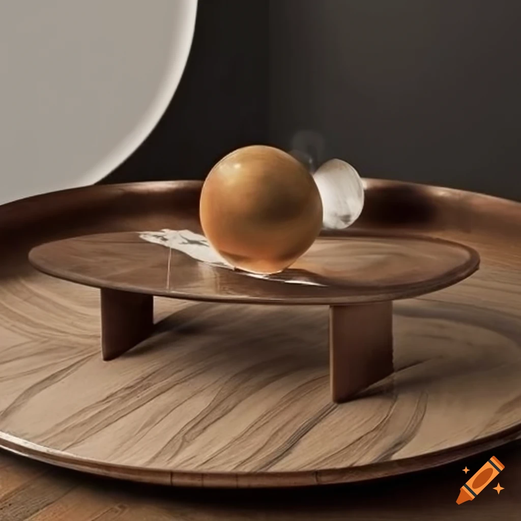 Coffee table with brass legs and a marble sphere on the tray on Craiyon