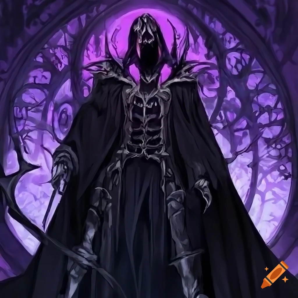 Gothic necromancer man in black cloak with purple glowing eyes and ...