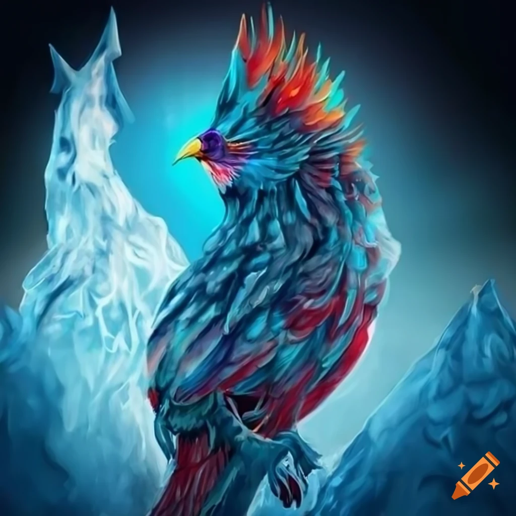Illustration of a mythical cardinal creature with ice and fire elements ...