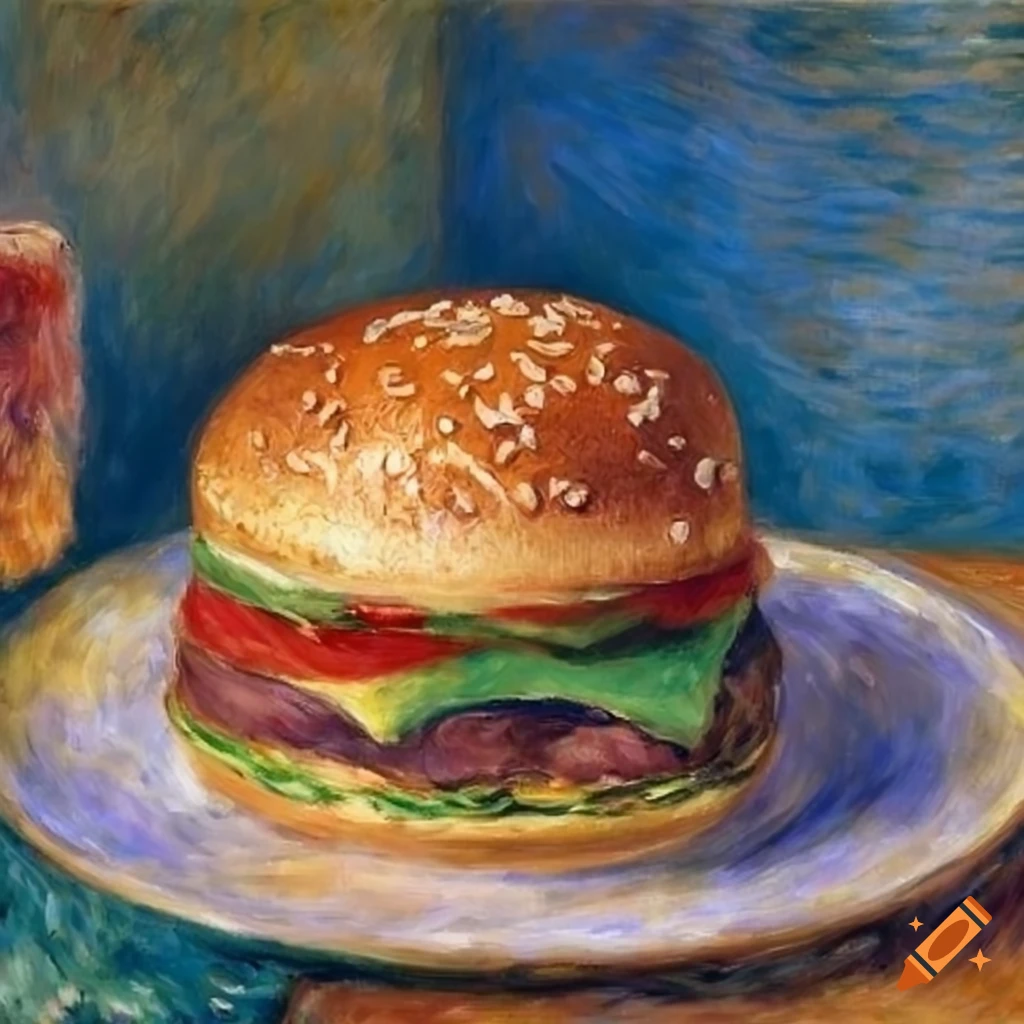 Delicious burgers on a plate, inspired by impressionist artists on Craiyon