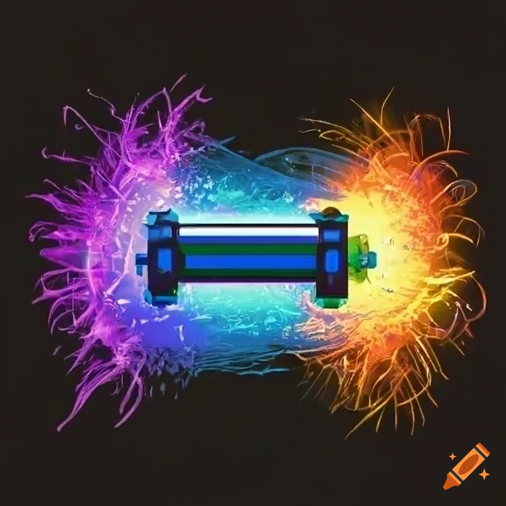 Illustration of a powerful battery with multicolored sparks on Craiyon