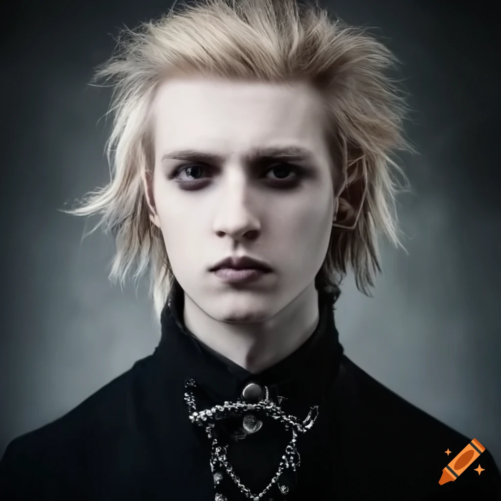 Gothic man with short wavy blond hair in black clothes looking at the camera on Craiyon