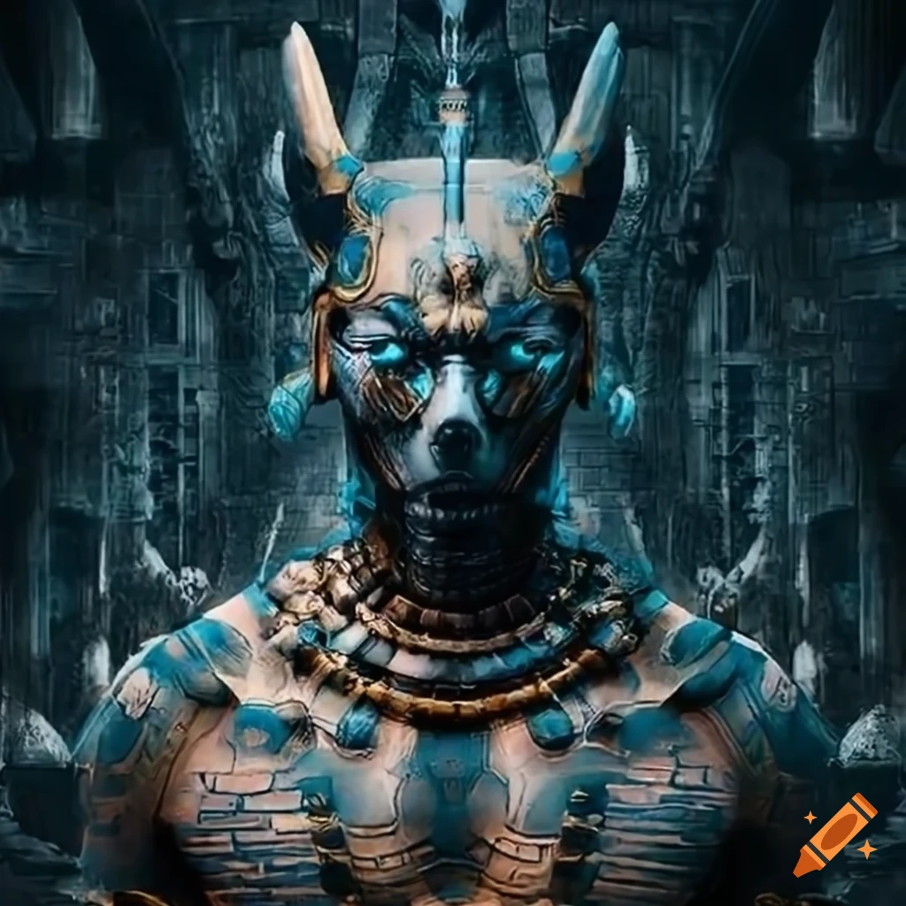 Anubis with futuristic cyborg features at temple ruins on Craiyon