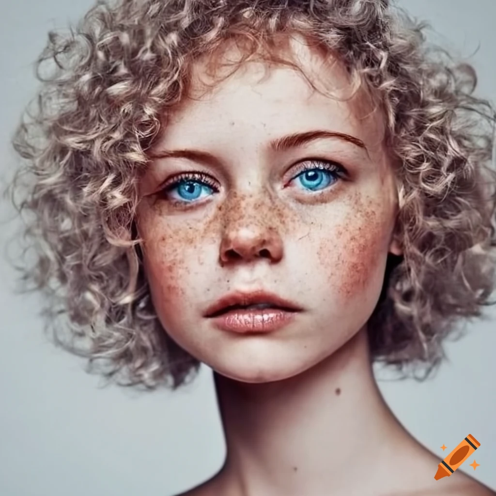 Finnish girl with short curly hair, freckles, and blue eyes wearing round glasses on Craiyon