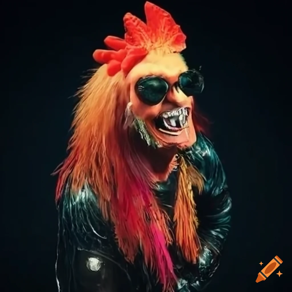 Creative chicken in heavy metal rocker costume on Craiyon