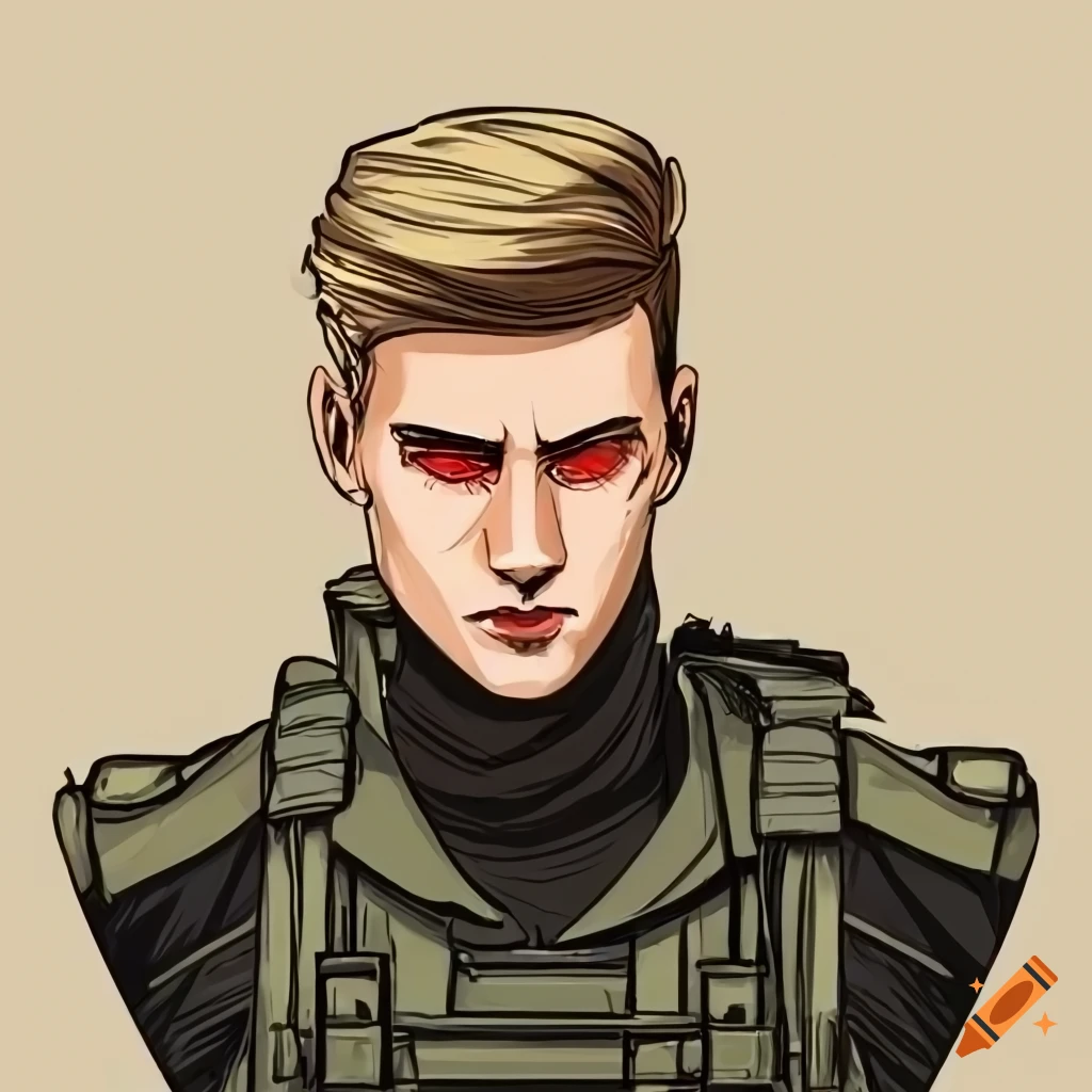 Handsome Man With Blond Hair And Gold red Eyes In Tactical Black handsome-man-with-blond-hair-and-gold-red-eyes-in-tactical-black
