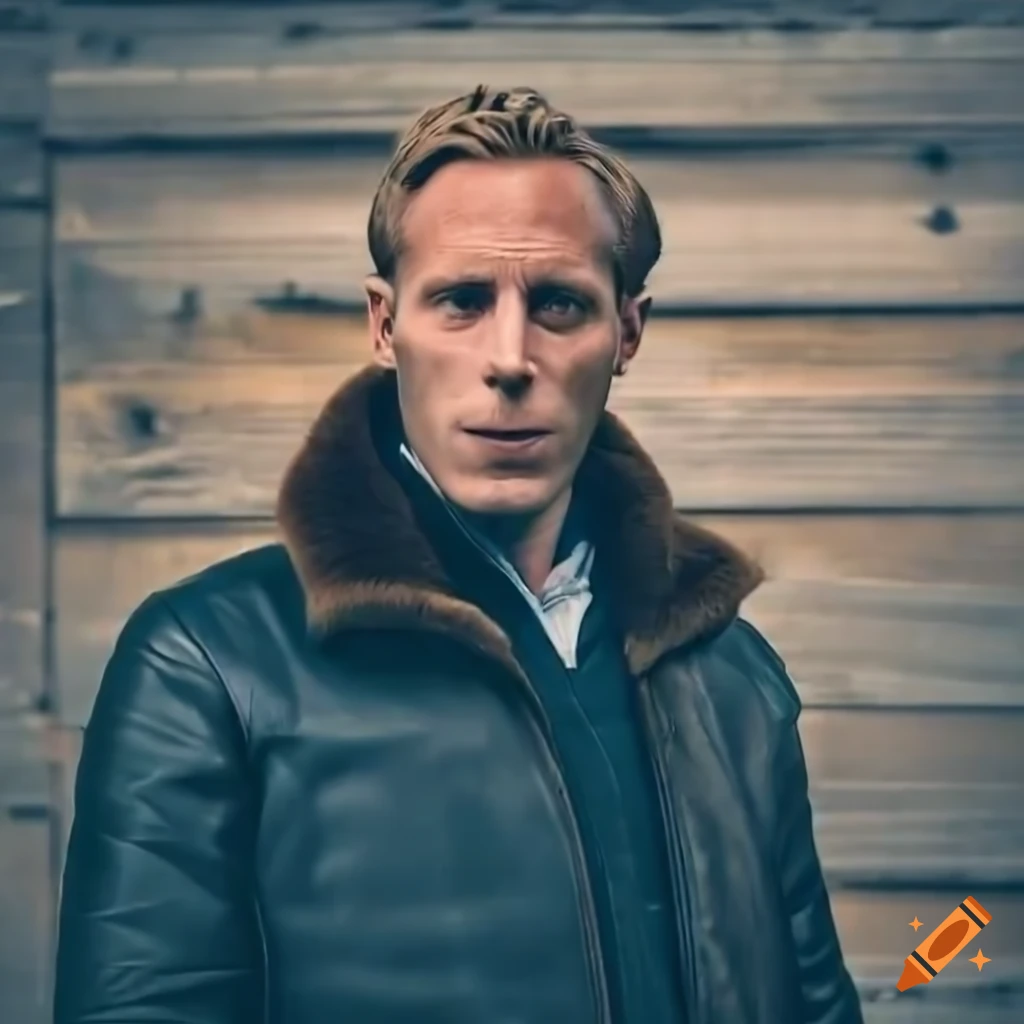 British actor lookalike in brown sheepskin bomber jacket and black ...