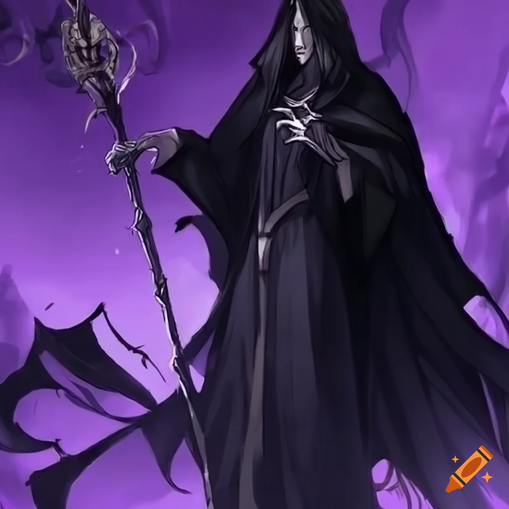 Gothic necromancer man with purple glowing eyes and long black hair ...
