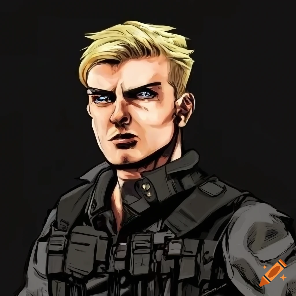 Handsome man in tactical military uniform in a modern comic book style ...