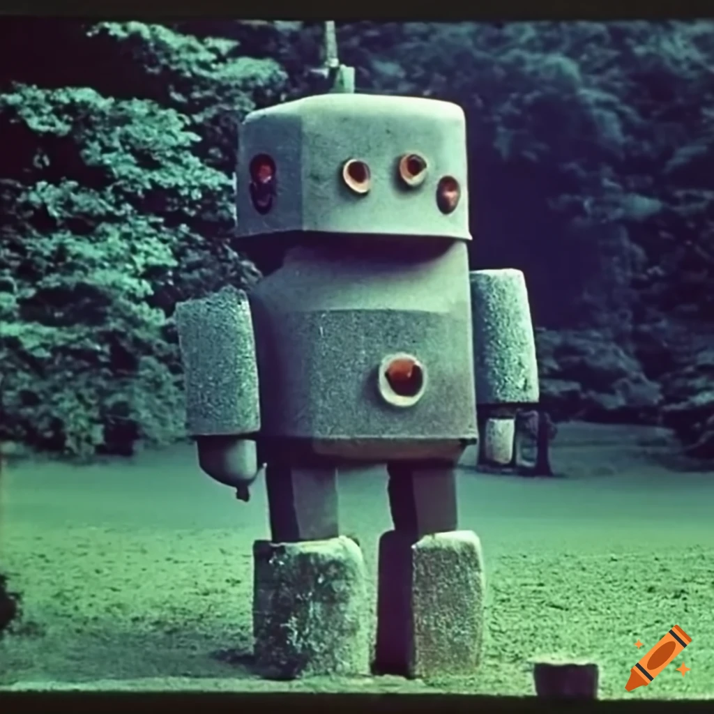 Archival footage of ancient stone robot megaliths from 1970s tv series ...