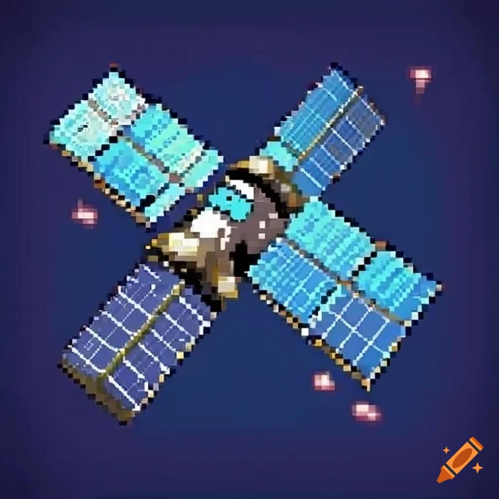 Futuristic satellite design with solar panels in sleek 2D pixel art on ...