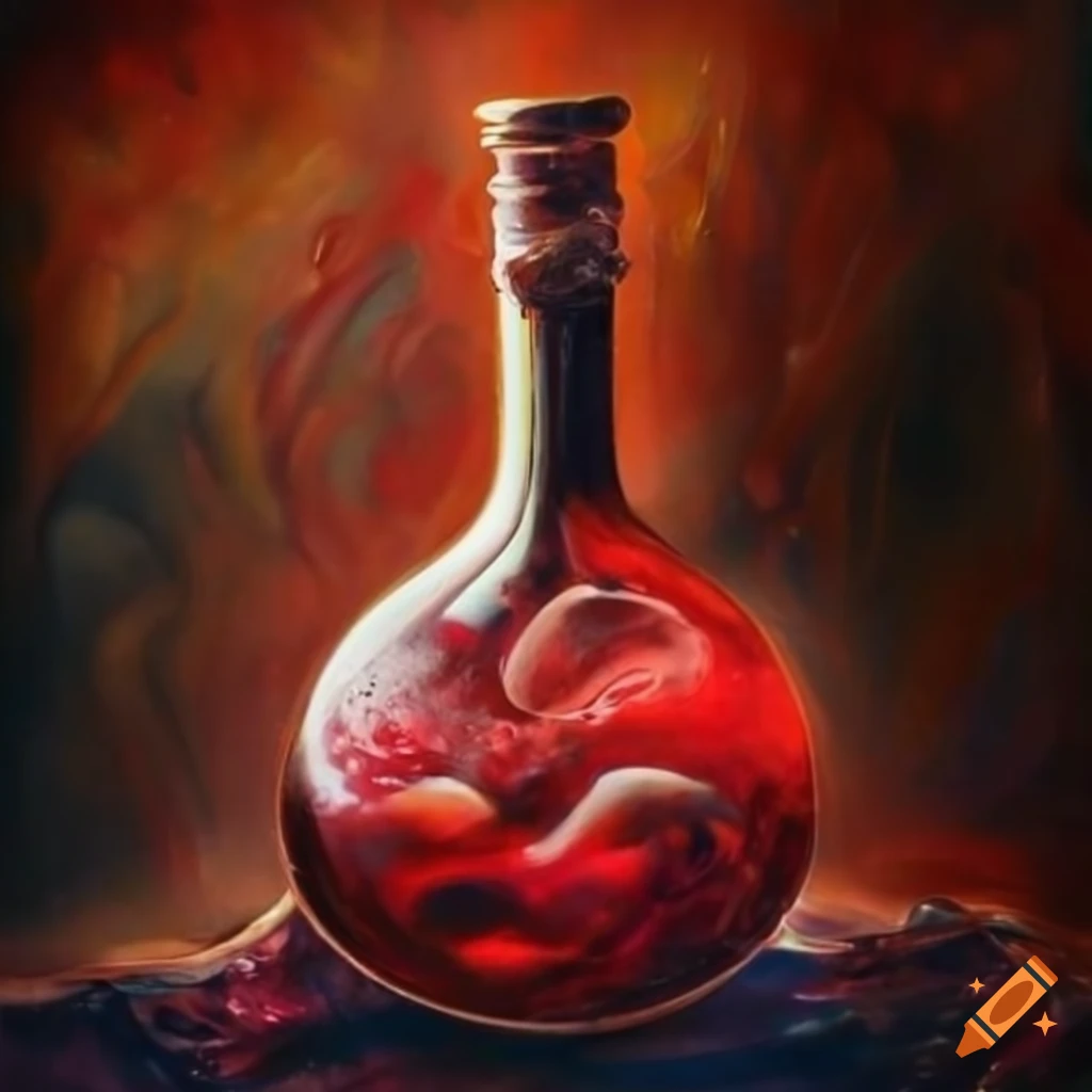 Detailed flask with vibrant red elixir in a mystical setting on Craiyon