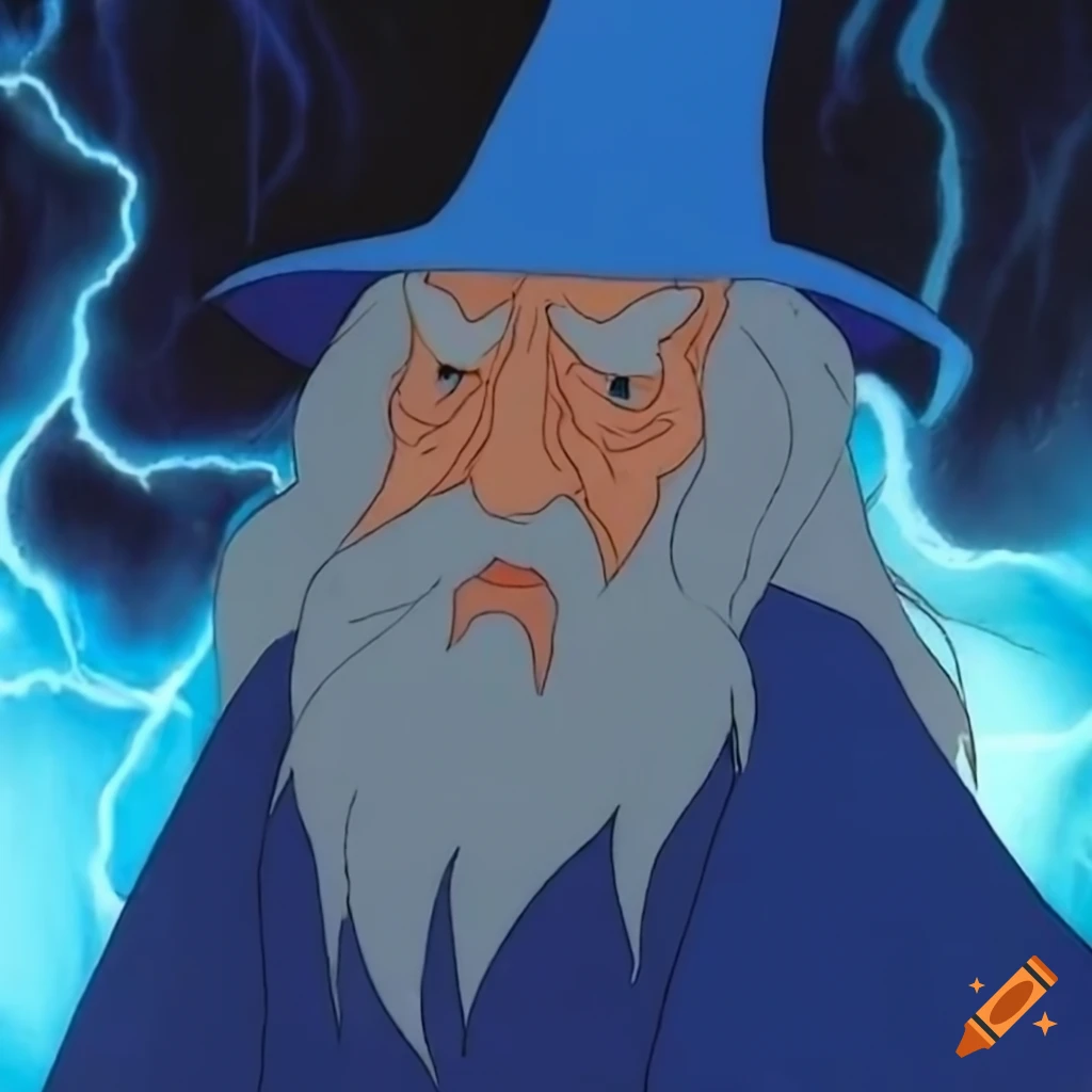 Close-up portrait of Gandalf in blue robe and hat with magical lightning on Craiyon