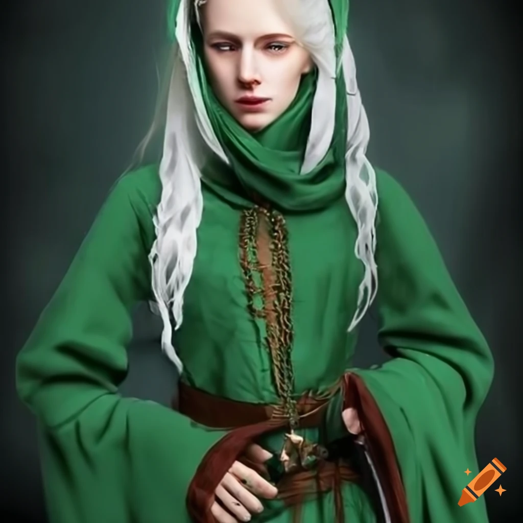 Medieval outfit for bandit woman with white hair and green scarf on Craiyon