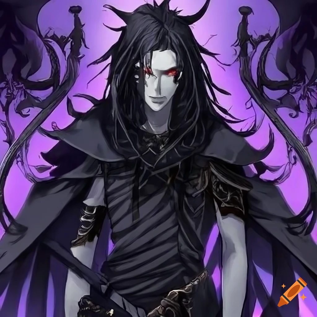 Gothic necromancer man with purple glowing eyes and long black hair ...