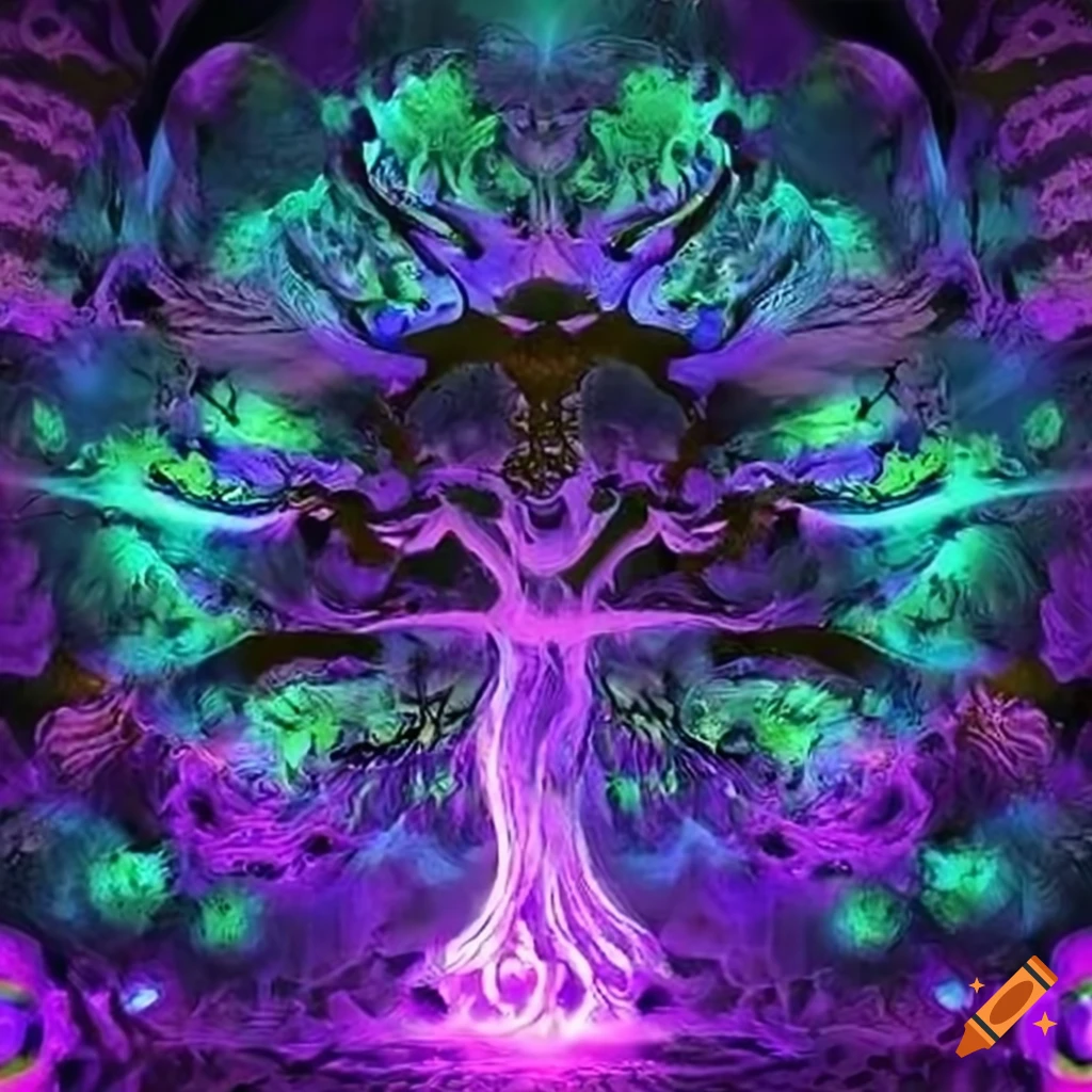 Elysium tree bathed in purple glow with ethereal aura on Craiyon