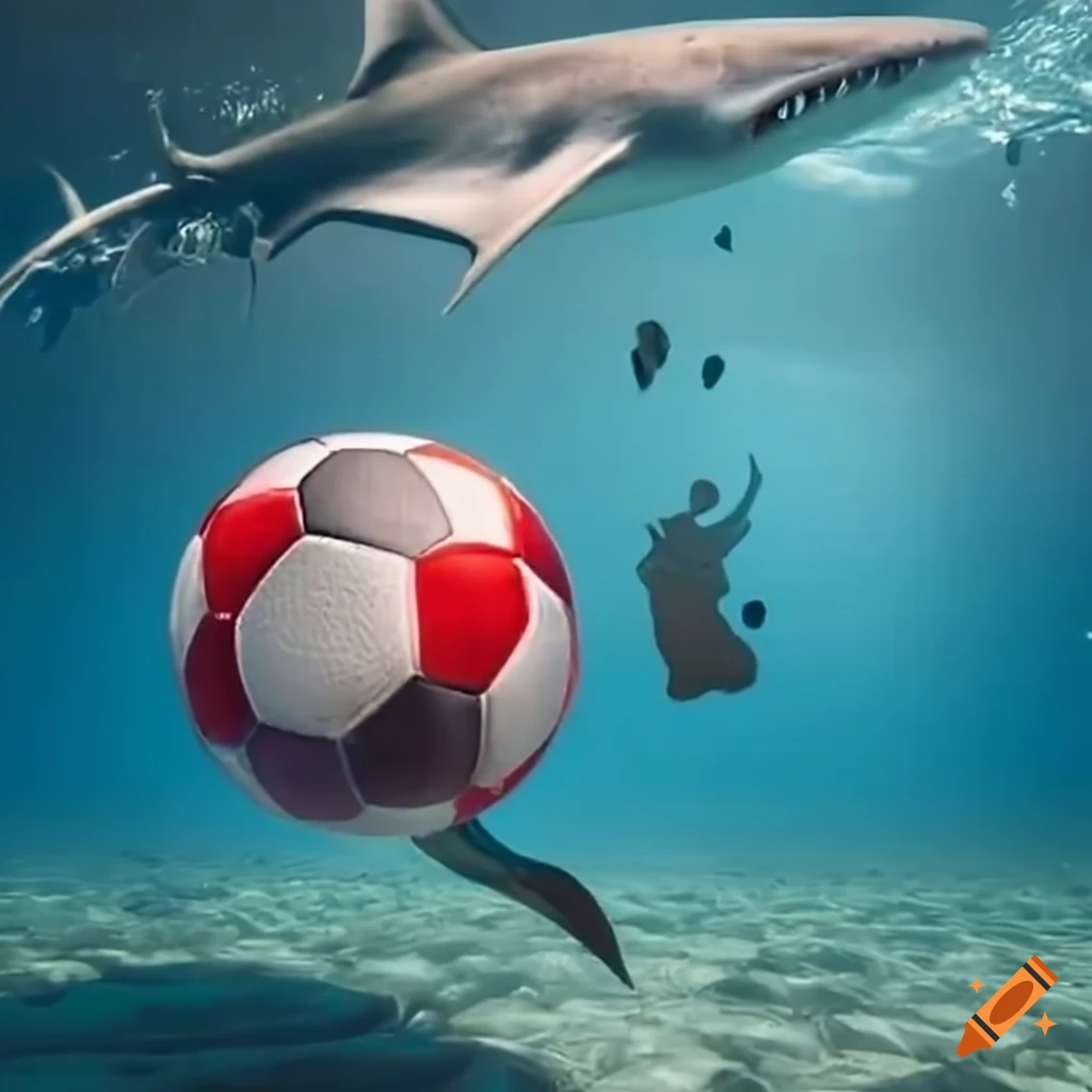 Shark playing soccer with a colorful ball underwater on Craiyon