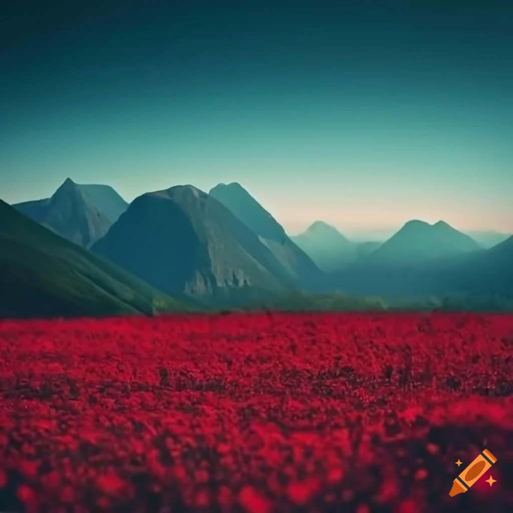 Dark red flower field with mountains in the background on Craiyon