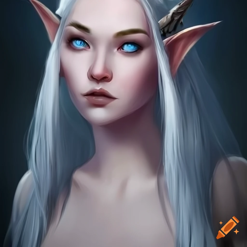 Young elf woman with silver hair and blue eyes in a fantasy setting on ...