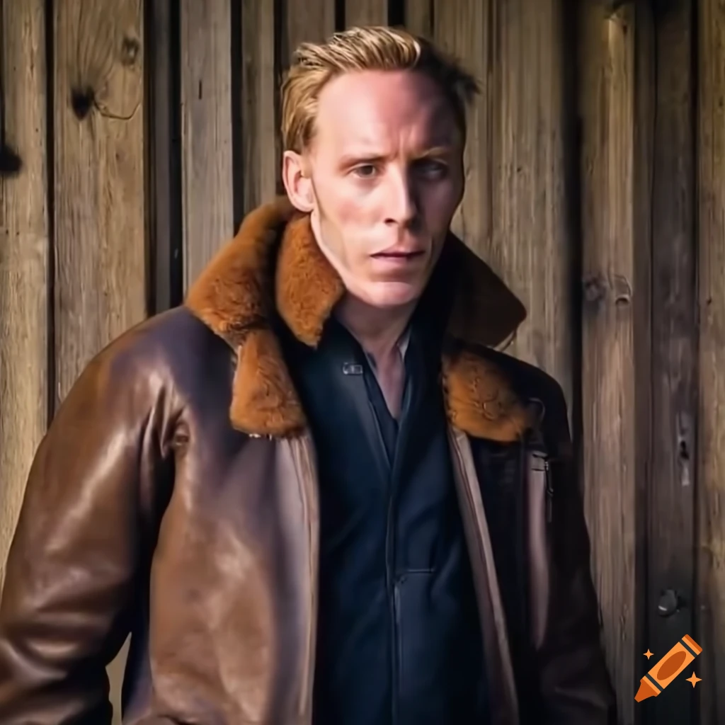 British actor resembling Laurence Fox standing in a barn doorway on Craiyon
