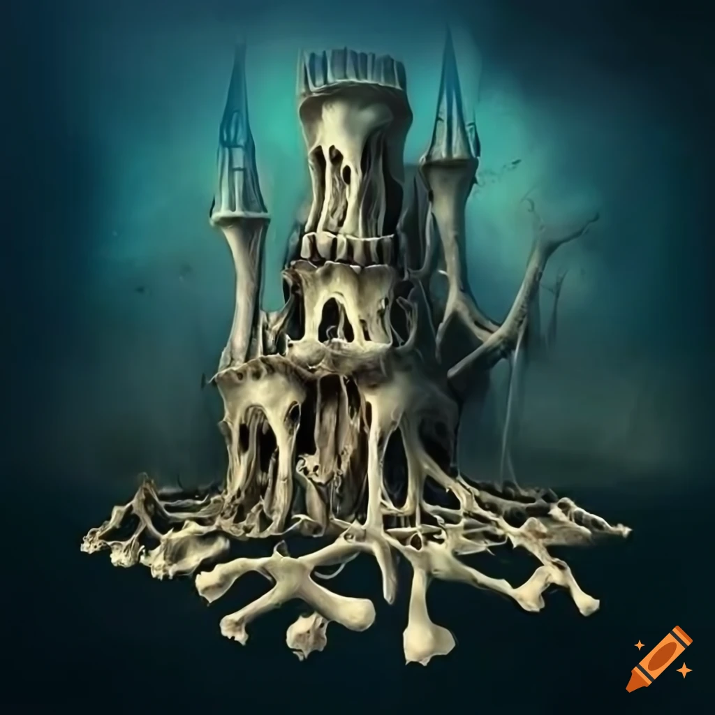 Surreal bone castle with bone trees and flowers on a bright background ...
