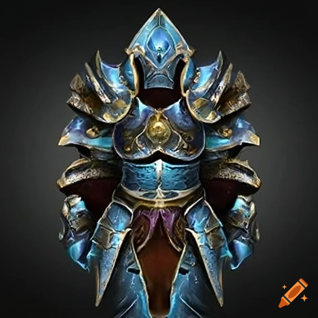 Front view of ornate magic armor on Craiyon