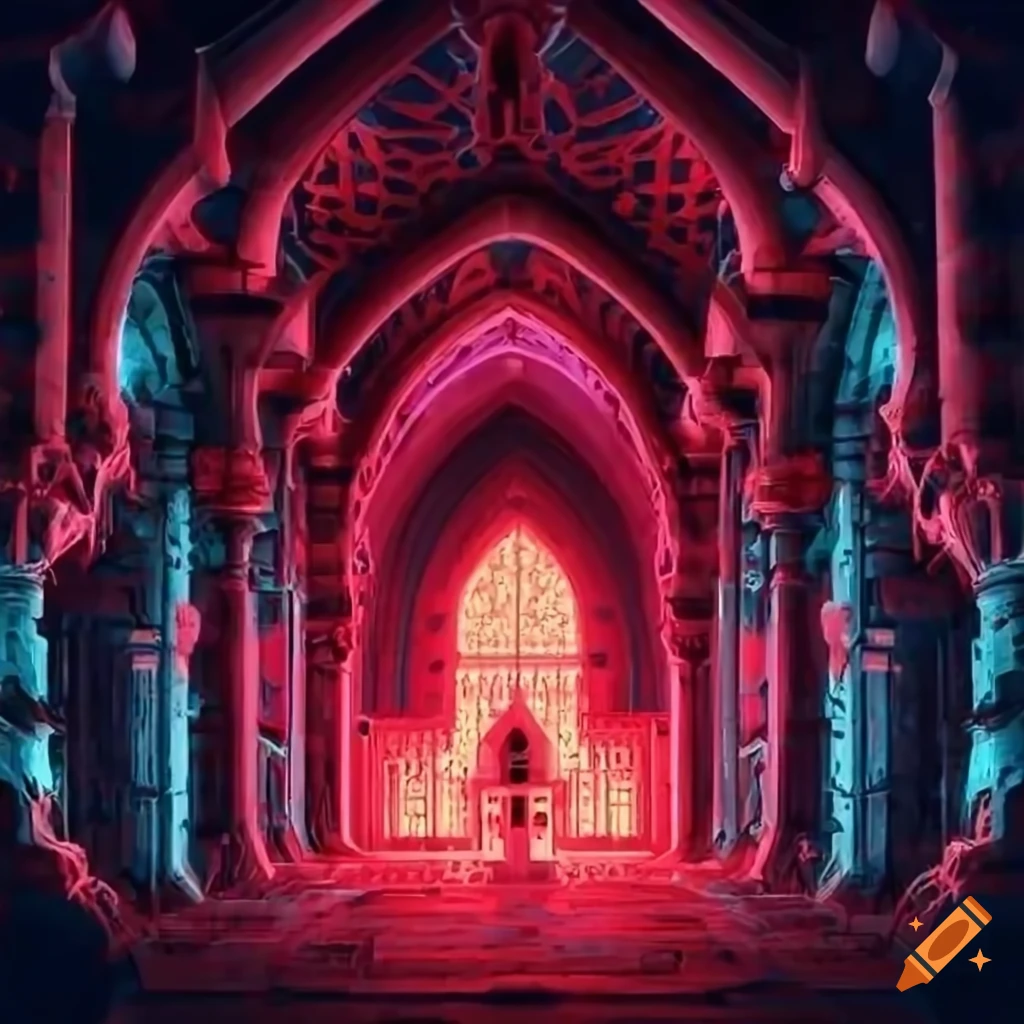 Interior of a neon cyber medieval castle in red and black on Craiyon