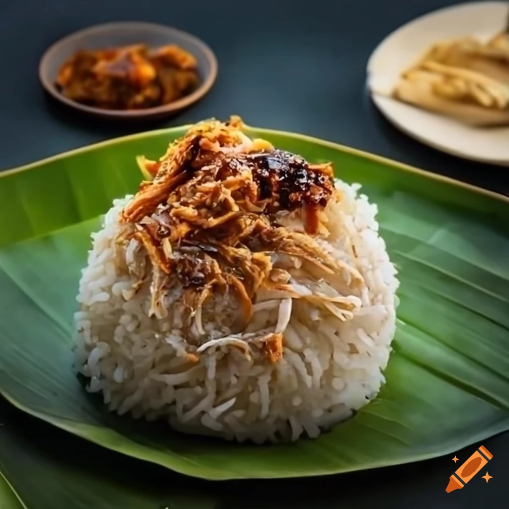 Filipino dish of steamed rice wrapped in banana leaves with shredded ...