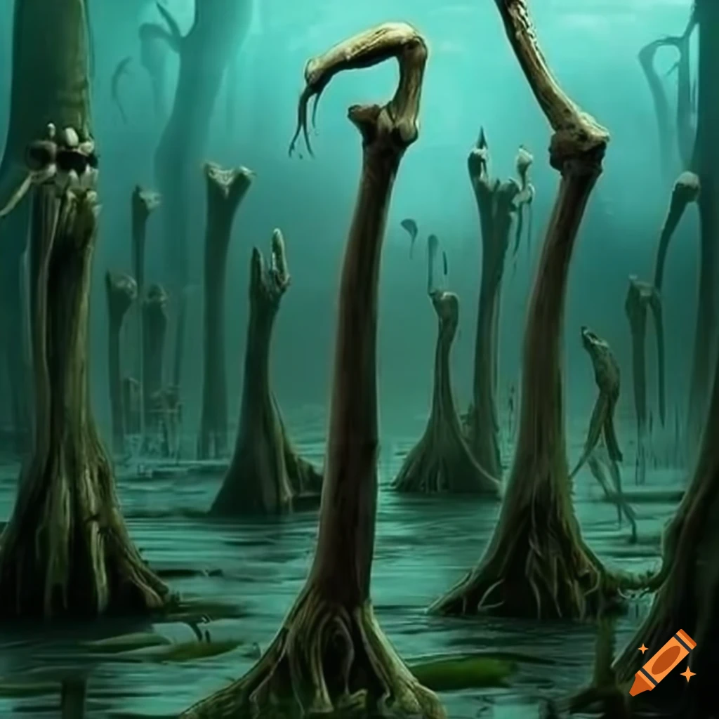 Surreal swamp of bones with a mix of animal and human bones in a ...