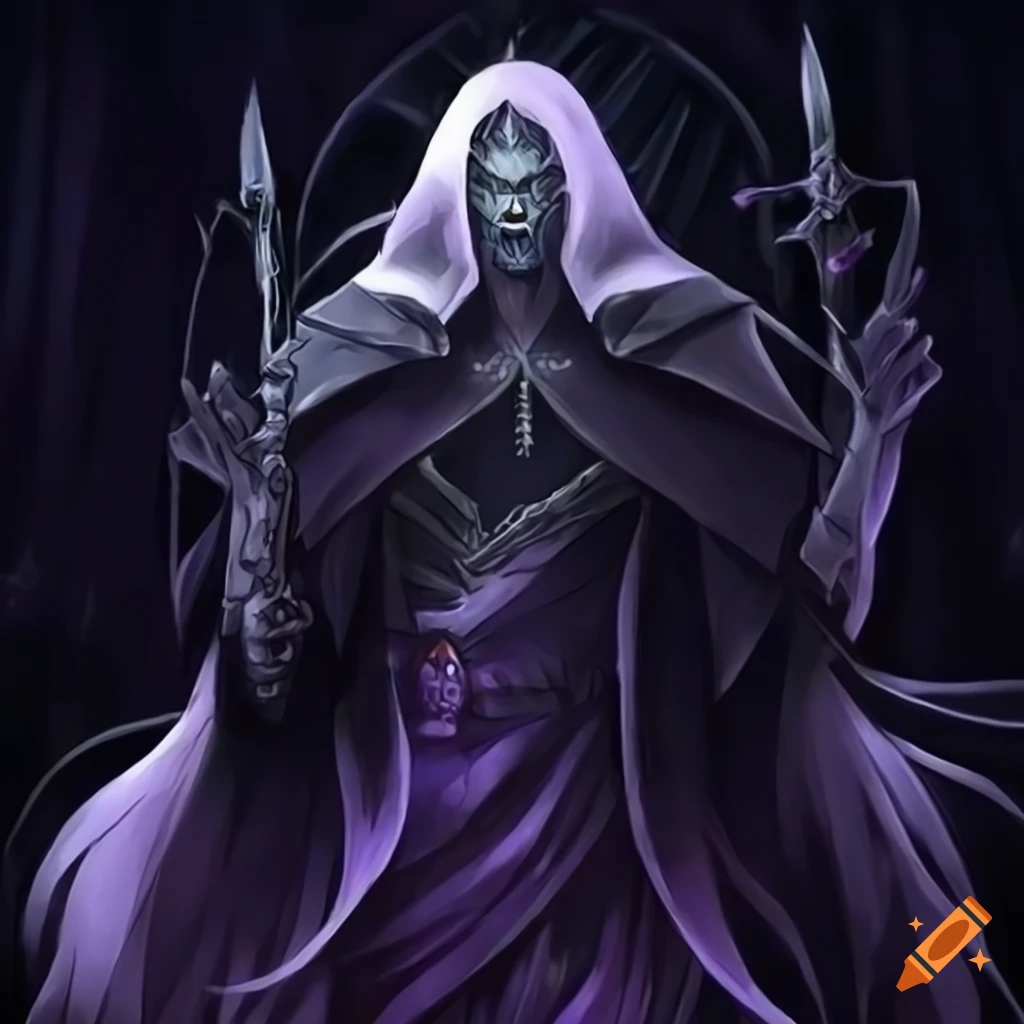 Gothic necromancer man with purple glowy eyes and long black cloak on ...