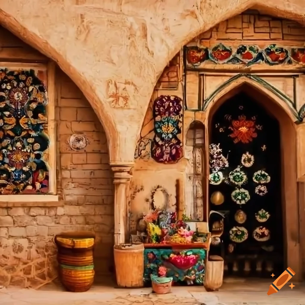 Iranian handicraft shop with traditional architecture and spring ...